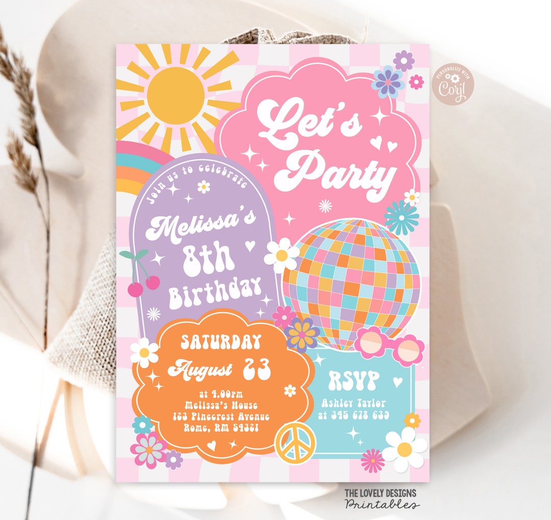 Editable Let's Party Birthday Party Invitation Groovy Rainbow Sunshine ...