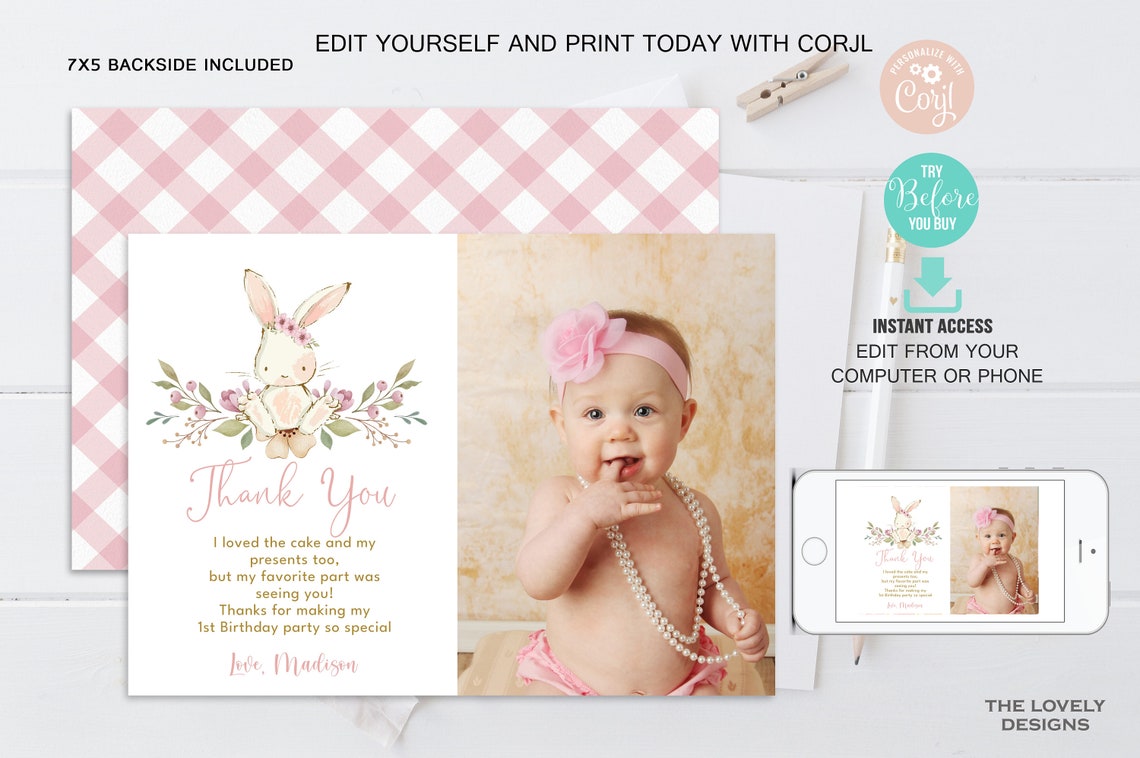 EDITABLE Bunny Thank You Card With Photo Bunny Pink Floral Spring ...