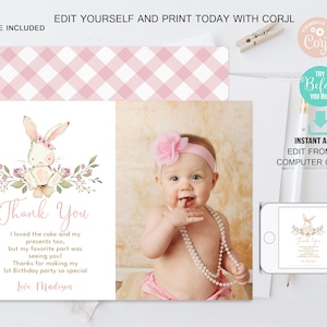 EDITABLE Bunny Thank You Card With Photo Bunny Pink Floral Spring ...