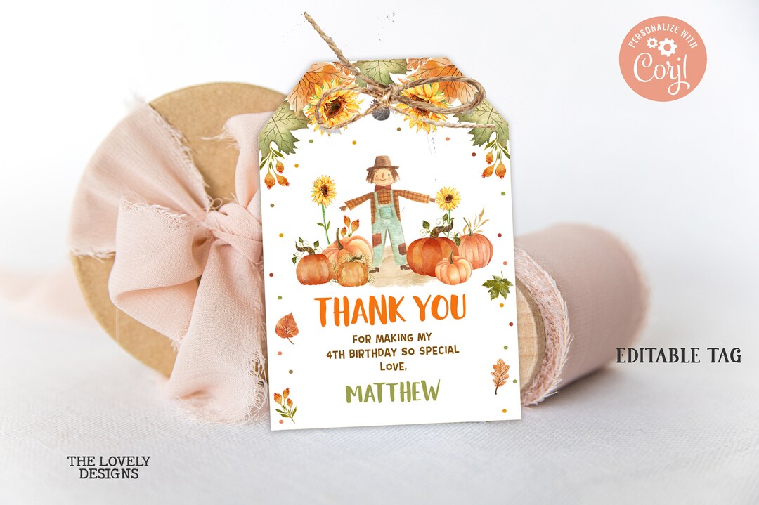 EDITABLE Pumpkin Gift Tag Pumpkin Birthday Tag Fall Scarecrow ...