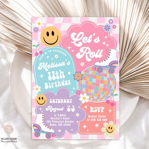 Editable Let's Roll Invitation Smile Face Groovy Retro Roller Skating ...