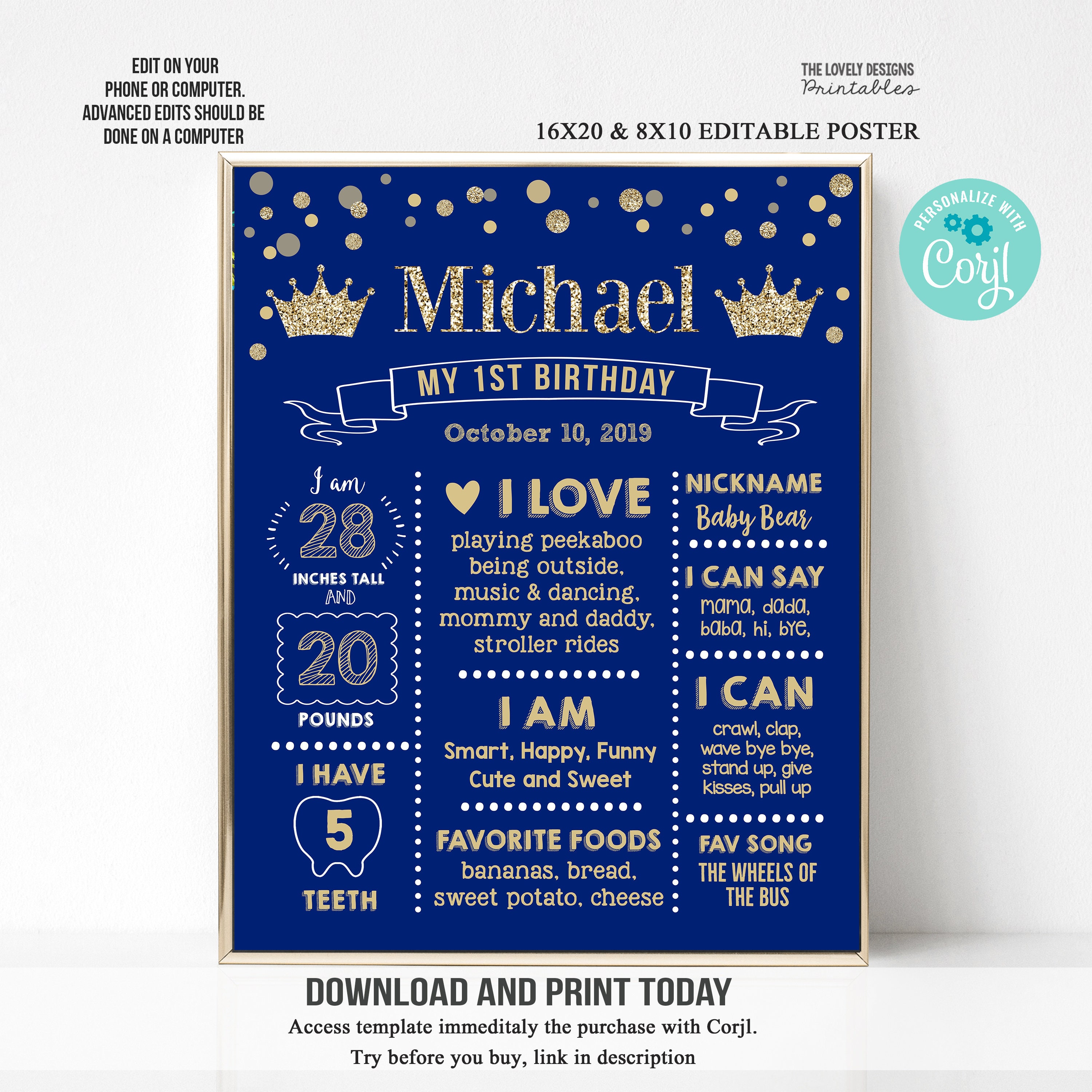 EDITABLE Prince Royal Blue First Birthday Chalkboard Poster | Etsy