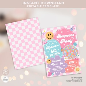 Editable Sleepover Party Smile Face Invitation Retro Groovy Birthday ...