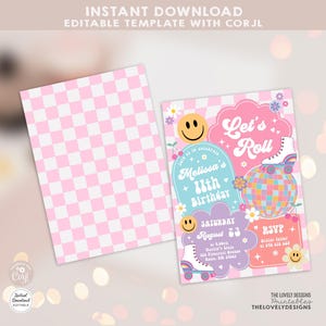 Editable Let's Roll Invitation Smile Face Groovy Retro Roller Skating ...