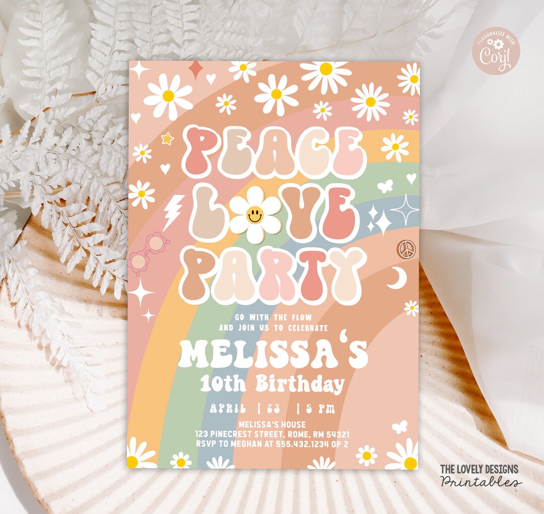 Editable Groovy Peace Love Party Birthday Invitation Any Age Daisy ...