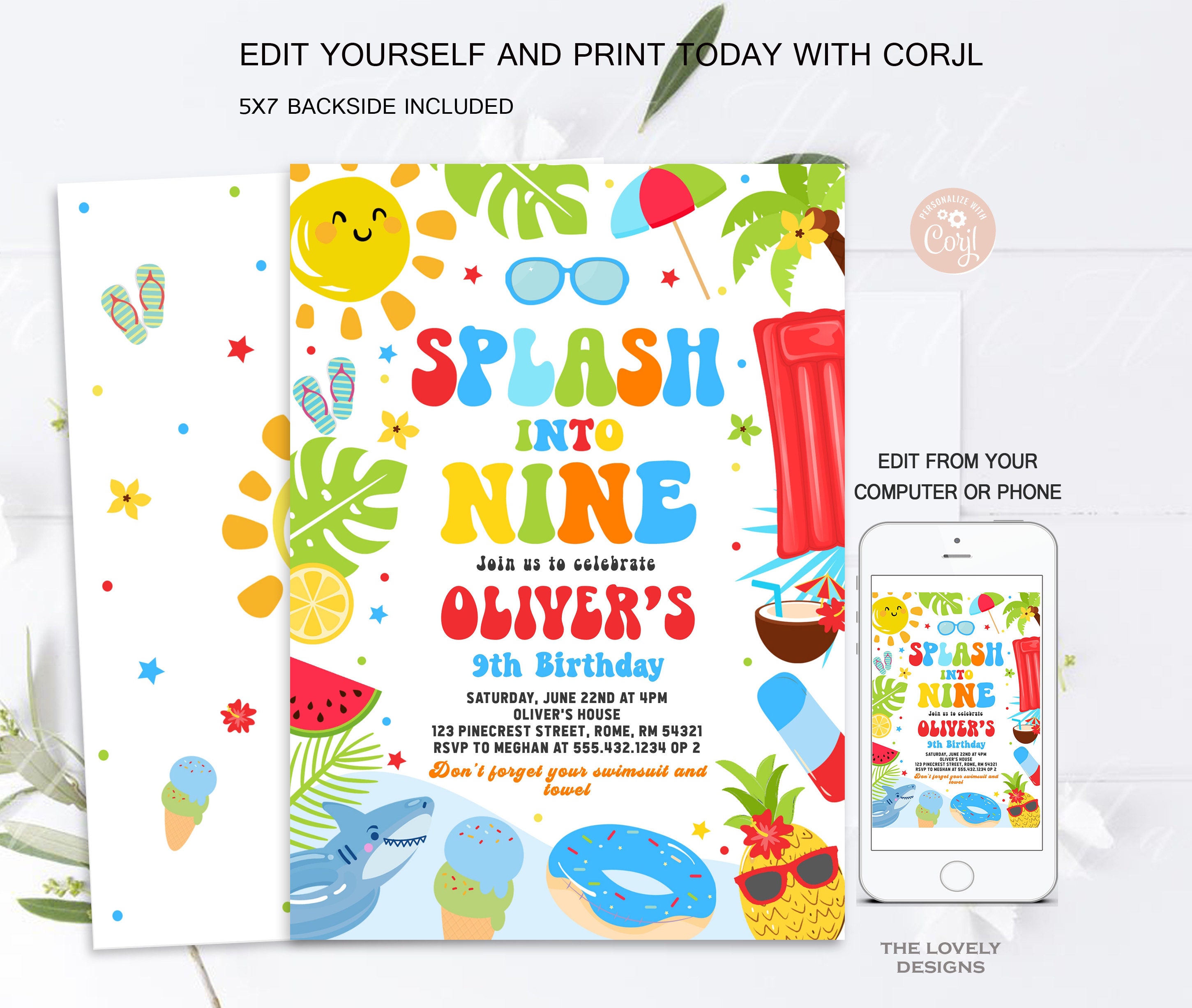 Splash Into Nine 9th Birthday Pool Party Editable Invitation Summer ...