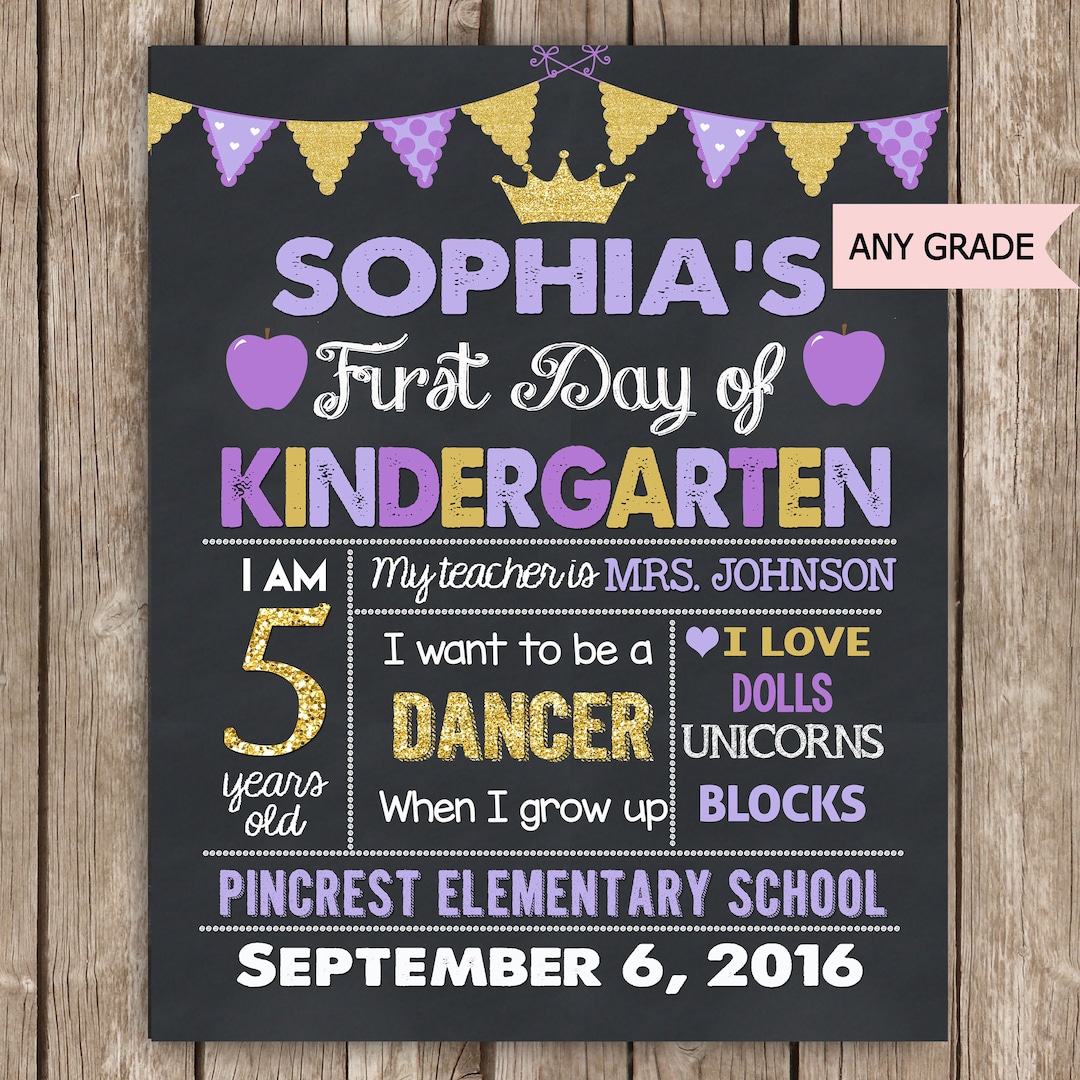 First Day of School Sign Princess Purple and Gold ANY GRADE - Etsy