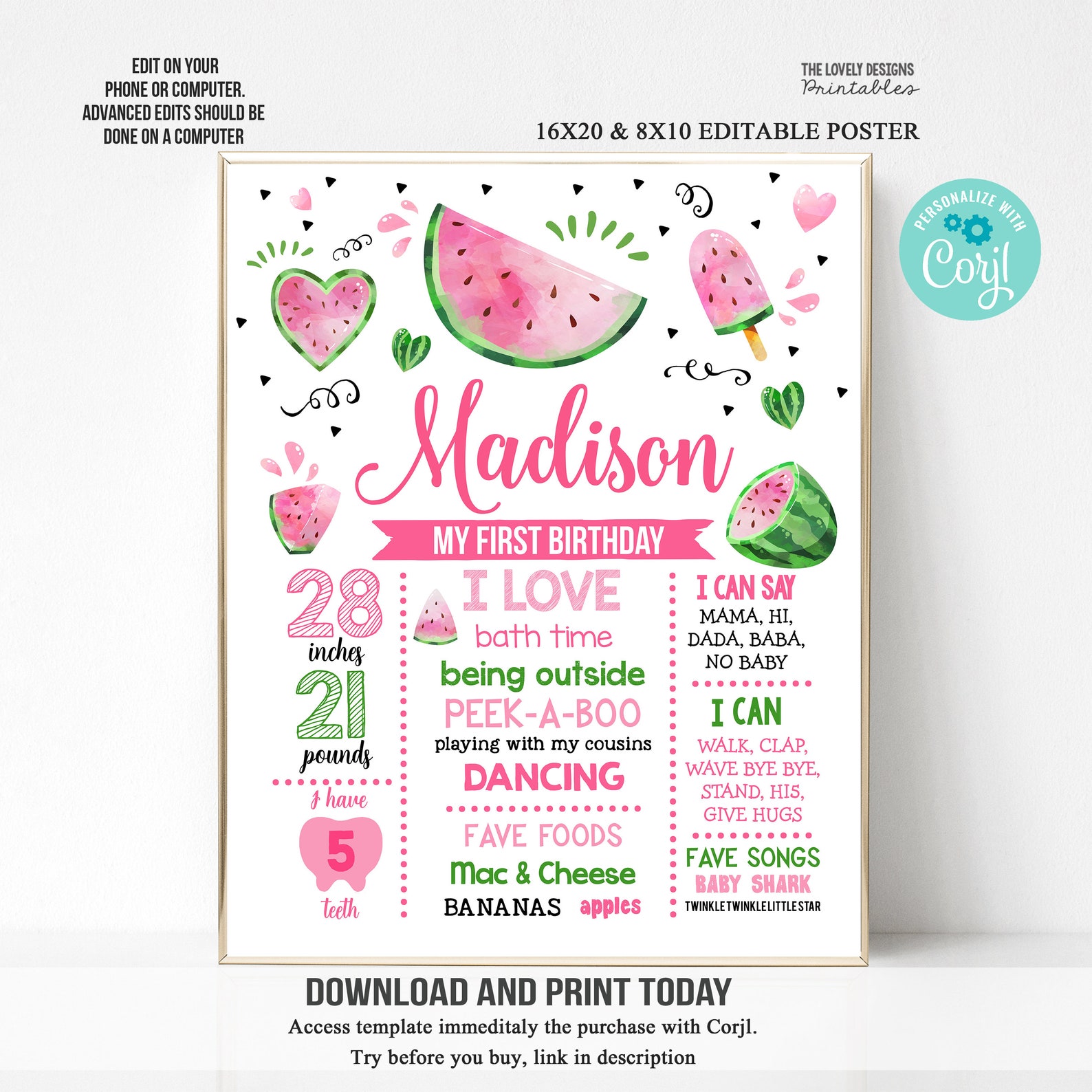 Editable Watermelon Birthday Chalkboard Watermelon Birthday, First ...