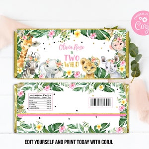 EDITABLE Two Wild Candy Bar Wrappers Jungle Girl 2nd Birthday Party ...
