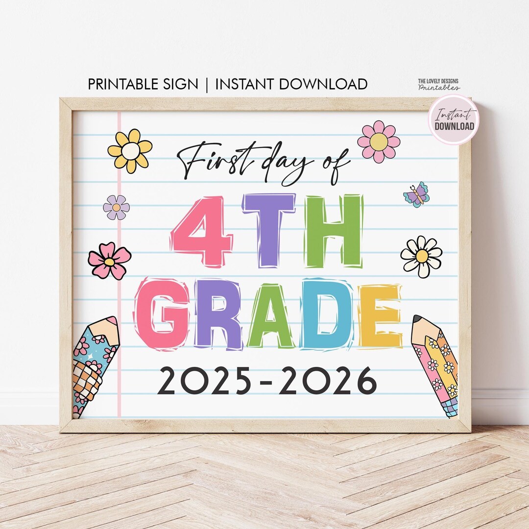 First Day of 4th Grade Sign, First Day of Fourth Grade Sign, INSTANT ...
