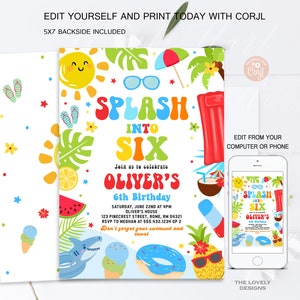 Splash Into Six 6th Birthday Pool Party Editable Invitation Summer ...