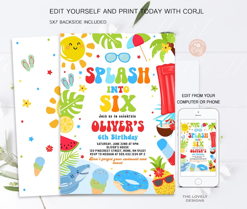 Editable Splash Into Six 6th Birthday Pool Party Invitation Splish ...