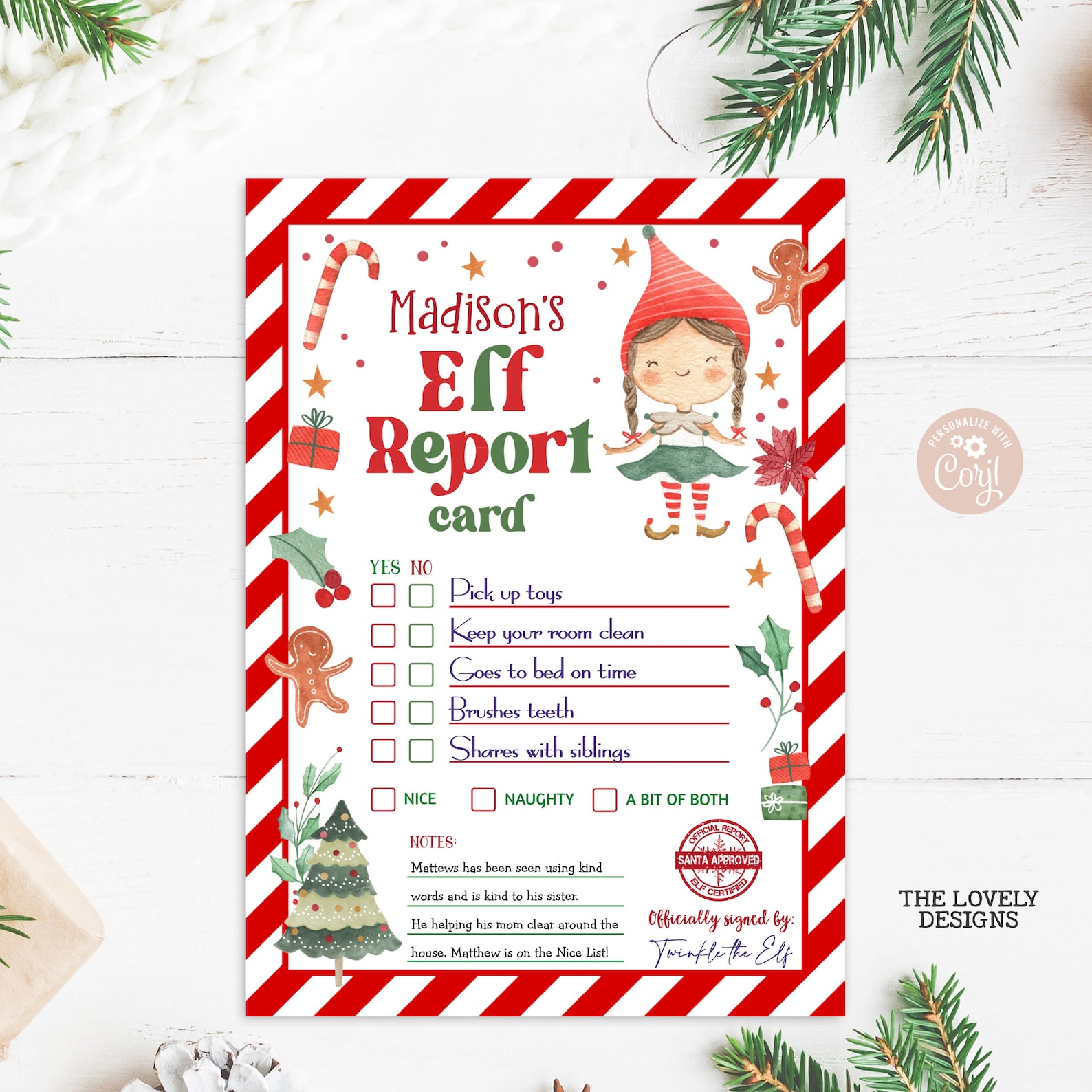 Editable Girl Elf Report Card Christmas Elf Report Card Santa Claus Elf ...