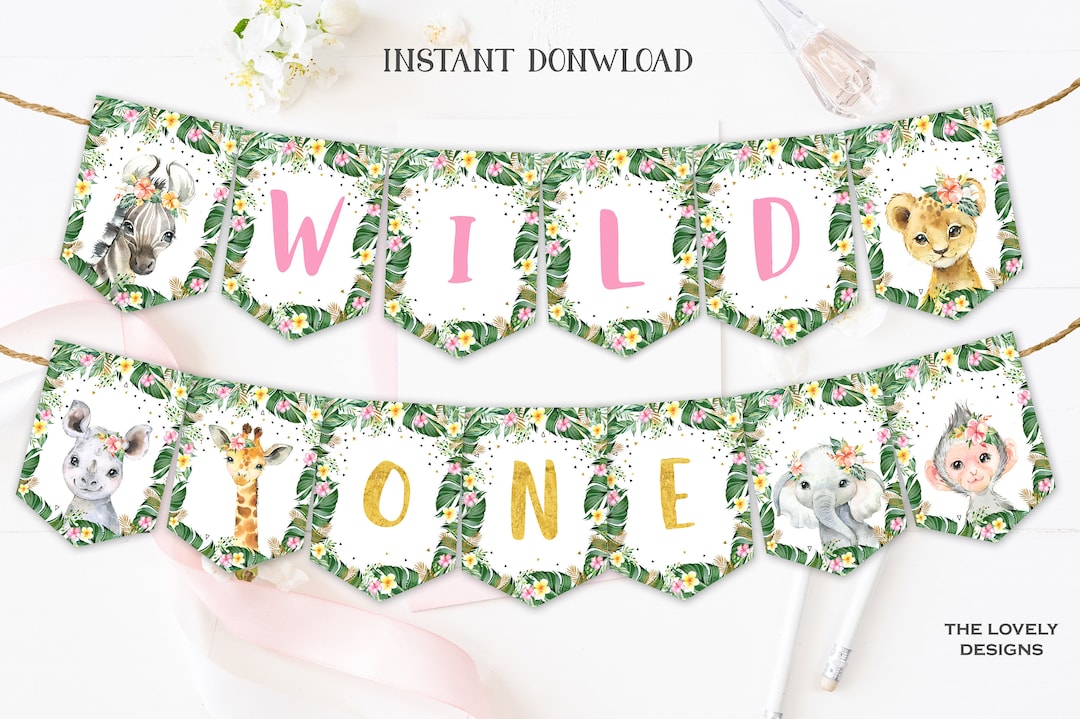 Jungle Wild One Banner Jungle Girl First Birthday Bunting Banner Jungle ...