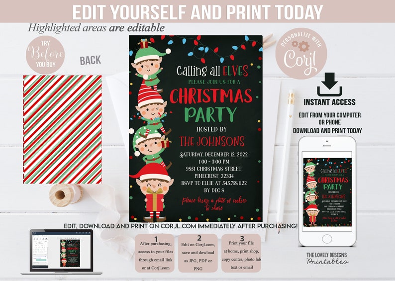 Editable Christmas Party Invitation Cute Elves Kids Party Elf - Etsy