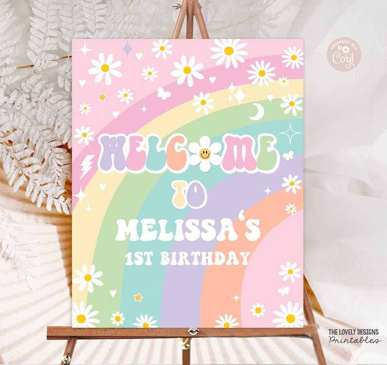 EDITABLE Daisy Groovy Welcome Sign Groovy Birthday Rainbow Pink Purple ...