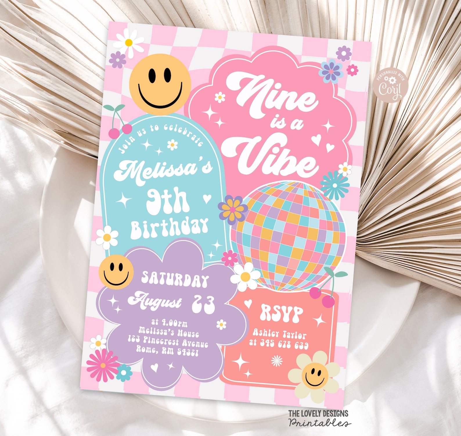 Editable Nine is a Vibe Checkered Smile Face Invitation Retro Groovy ...