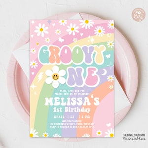 EDITABLE Groovy One Invitation Daisy Groovy 1st Birthday Rainbow Pink ...