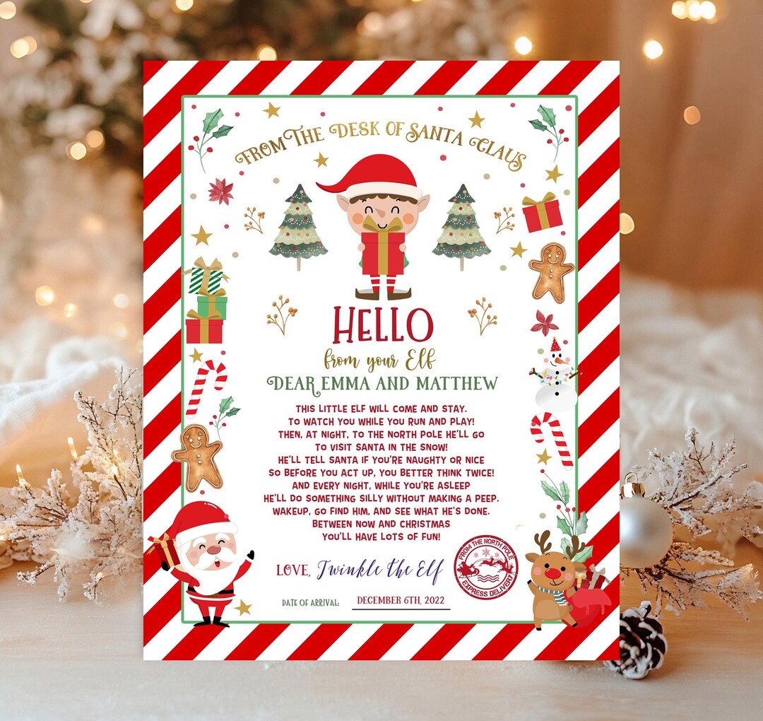 Editable Hello From Your Elf Letter Santa's Elf First Arrival Letter ...