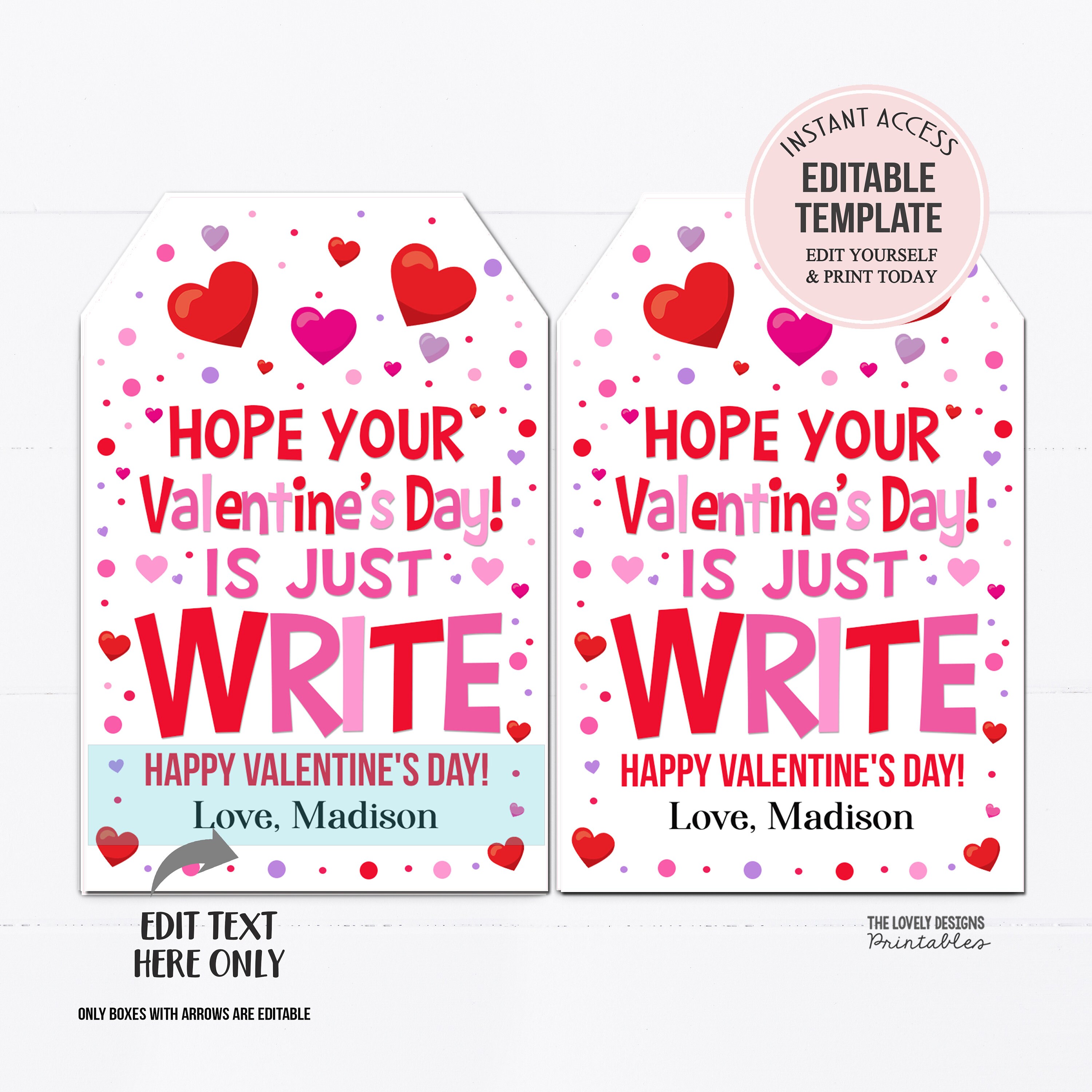Valentine's Day Gift Tag, Just Write Valentine Tag From Teacher Pencil ...