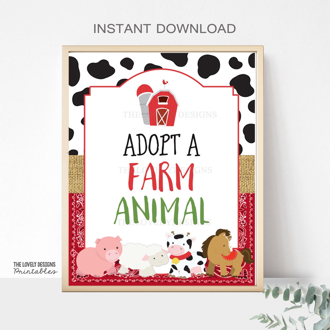 Adopt A Farm Animal Sign Farm Birthday Party Farm Bandana Red Animals ...