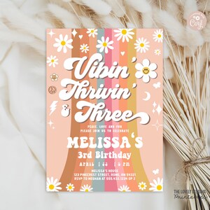 EDITABLE Retro Vibin' Thrivin' and Three Groovy Invitation Daisy Groovy ...