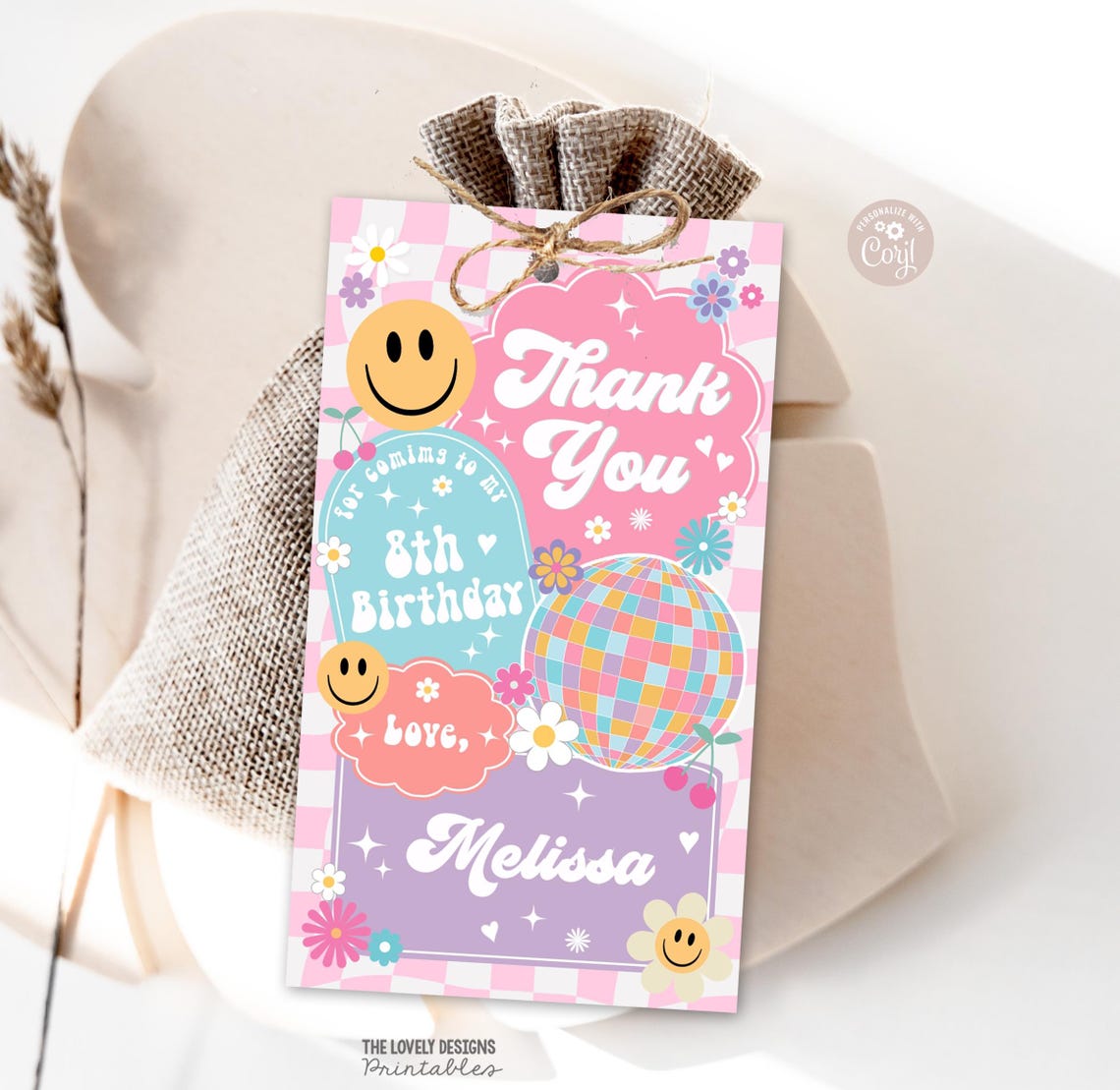 EDITABLE Favor Tag Checkered Smile Face Retro Tag Groovy Birthday Thank ...