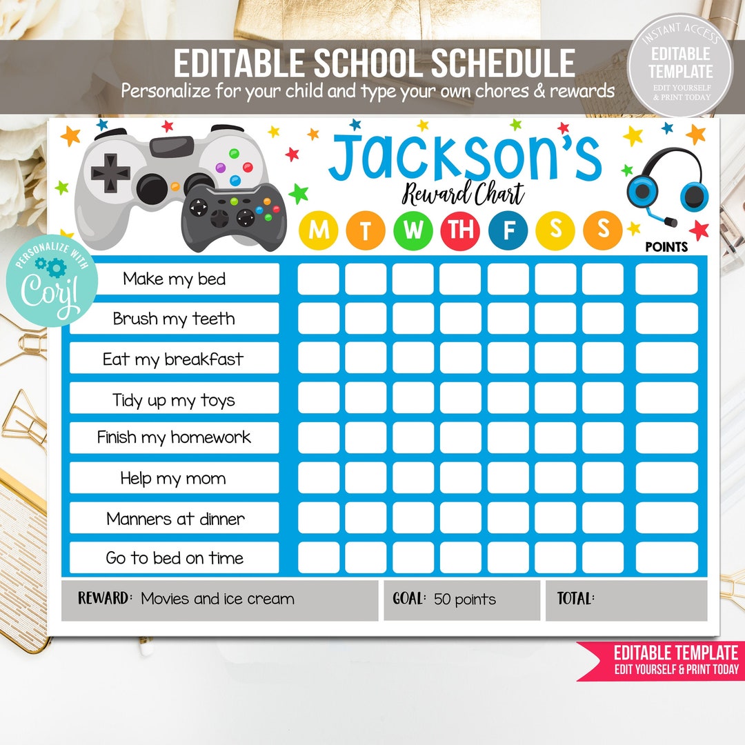 Editable Video Game Reward Chart Video Games Reward for Kids Routine ...