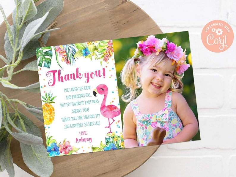 Editable Flamingo Thank You Card Flamingo Photo Girl Birthday Party ...