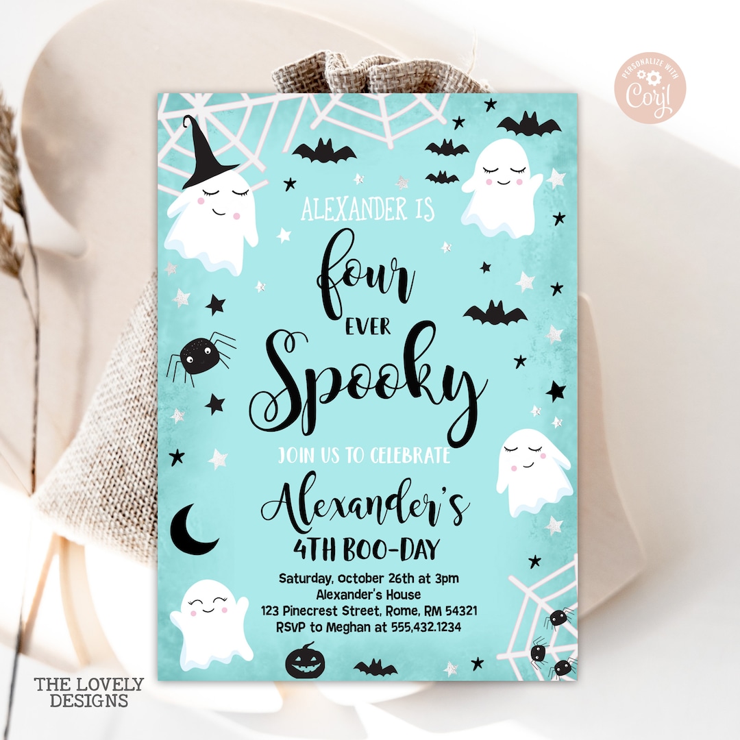 EDITABLE Four Ever Spooky Halloween Invitation Blue Spooky Ghost 4th ...