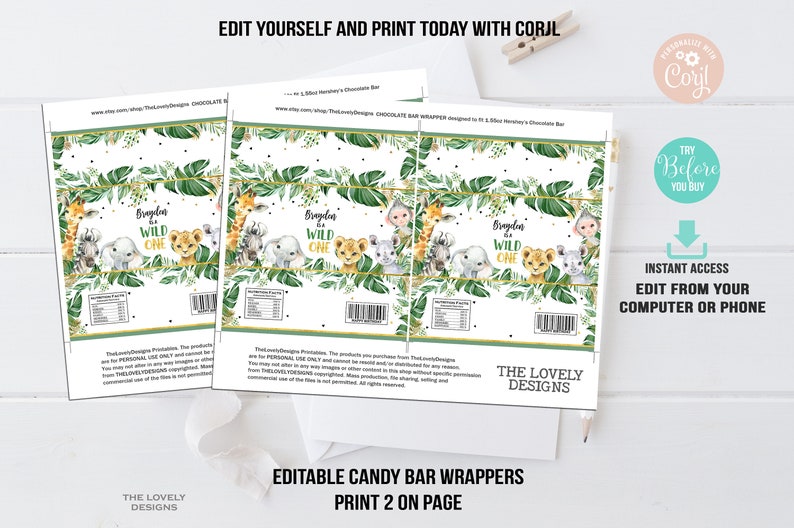 EDITABLE Jungle Wild One Candy Bar Wrapper Jungle Boy 1st | Etsy