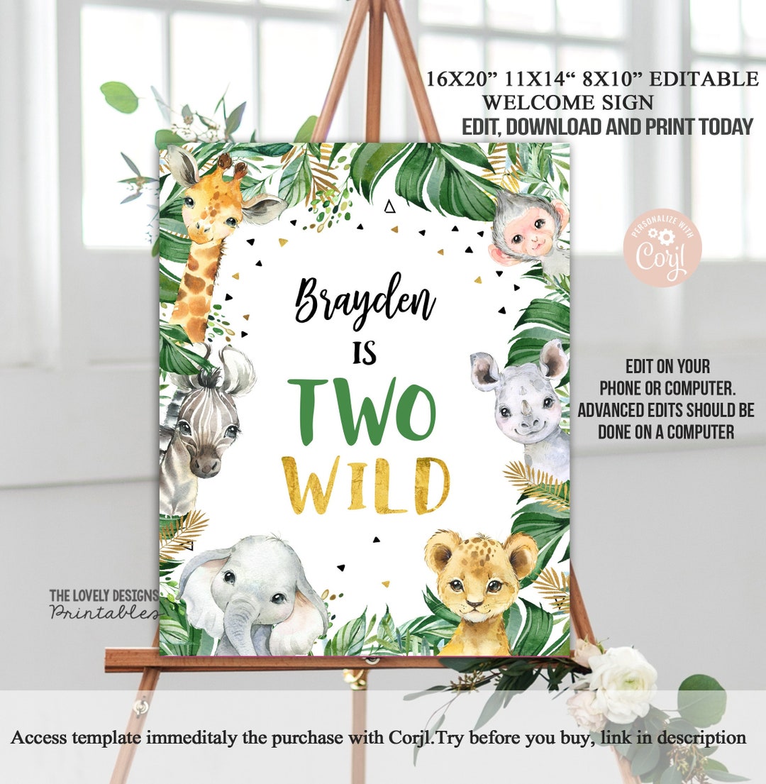 Editable Jungle Two Wild Birthday Sign Jungle Boy 2nd Birthday Neutral ...