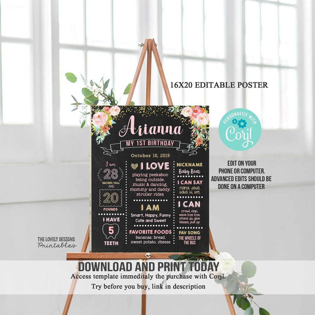 EDITABLE Blush Flowers First Birthday Chalkboard Sign, Boho 1st ...