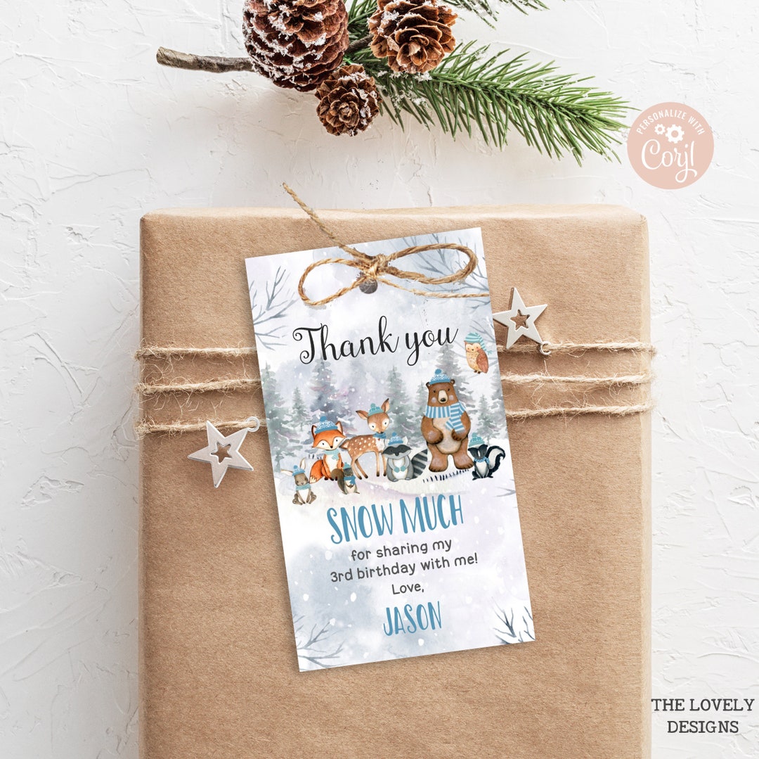 EDITABLE Woodland Winter Tag Woodland Birthday Favor Tags Blue Winter ...