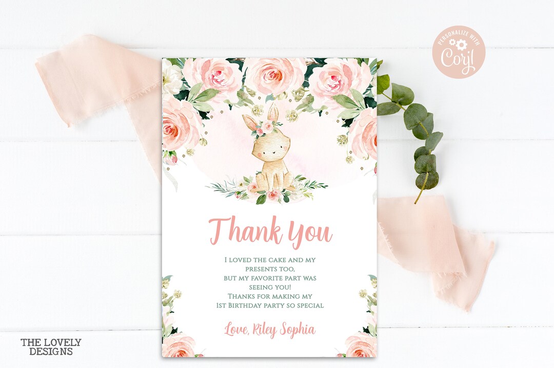 EDITABLE Bunny Thank You Card Bunny Birthday Party Card Easter Thank ...