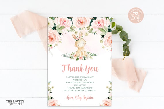 EDITABLE Bunny Thank You Card Bunny Birthday Party Card Easter - Etsy