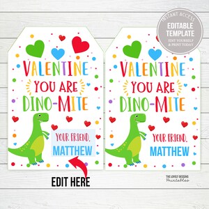 Dinosaur Valentine's Day Tag, Dino-mite Valentine, Dinosau Printable ...