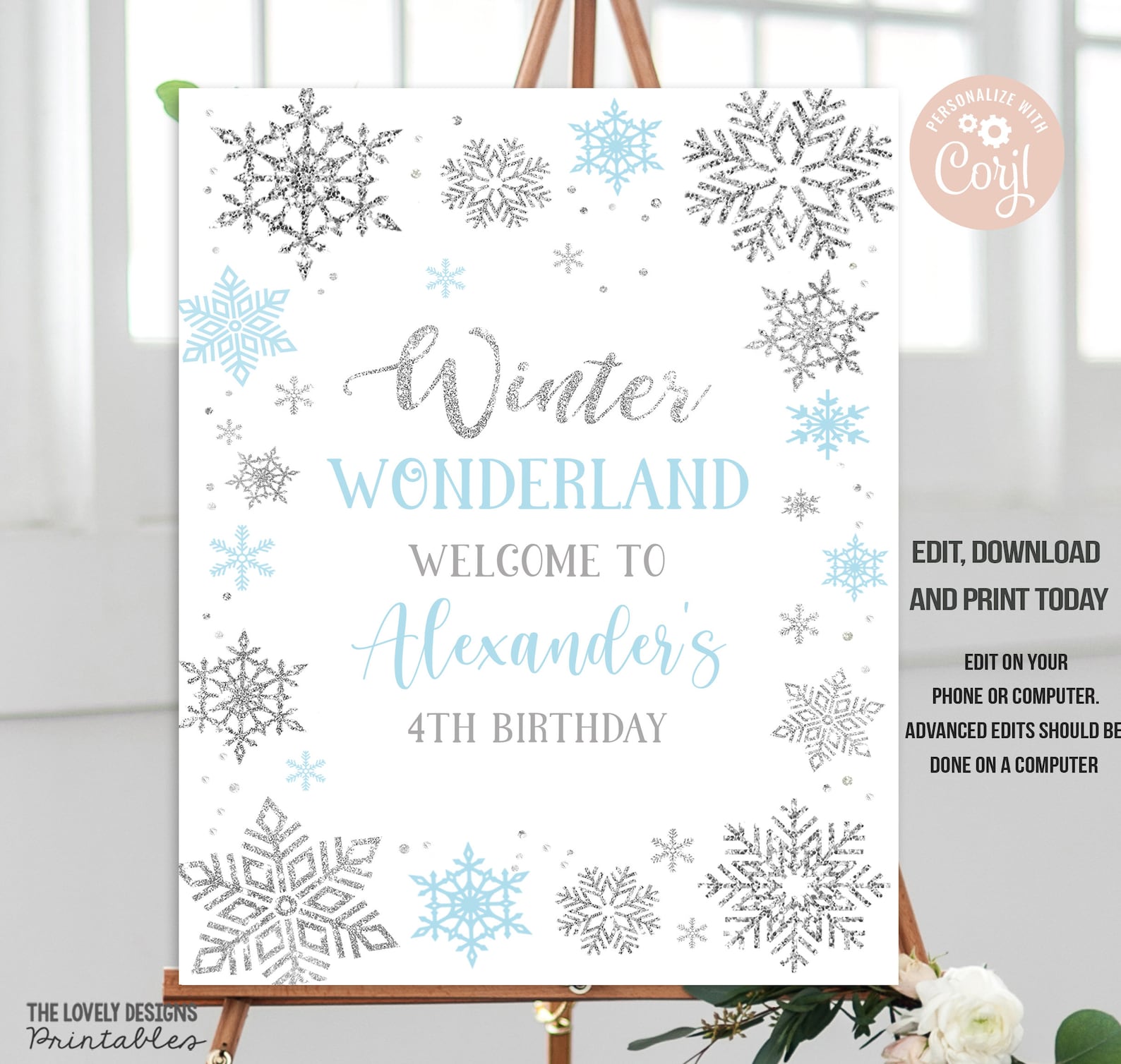 Editable Winter Wonderland Welcome Sign Snowflakes Blue and Silver ...
