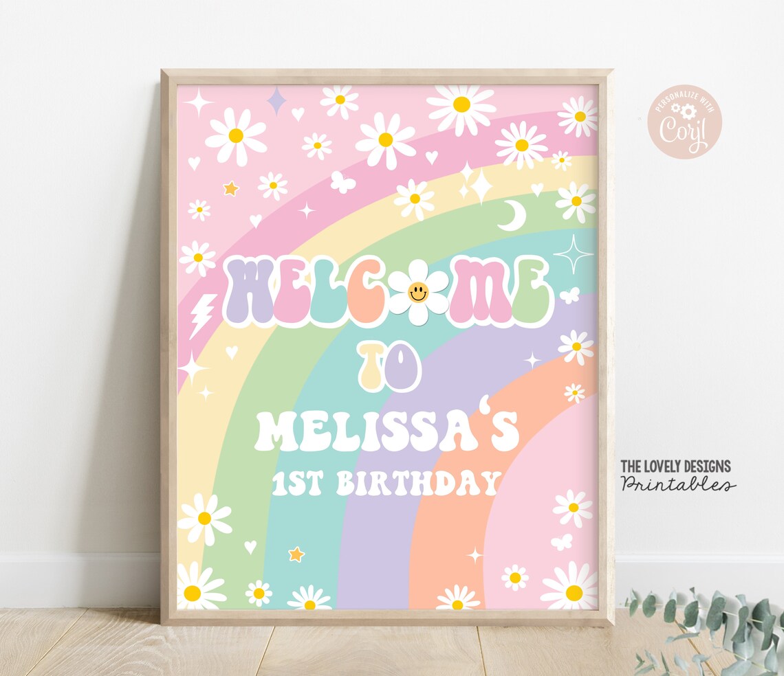 EDITABLE Daisy Groovy Welcome Sign Groovy Birthday Rainbow - Etsy