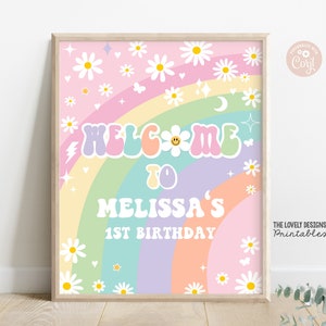 EDITABLE Daisy Groovy Welcome Sign Groovy Birthday Rainbow Pink Purple ...