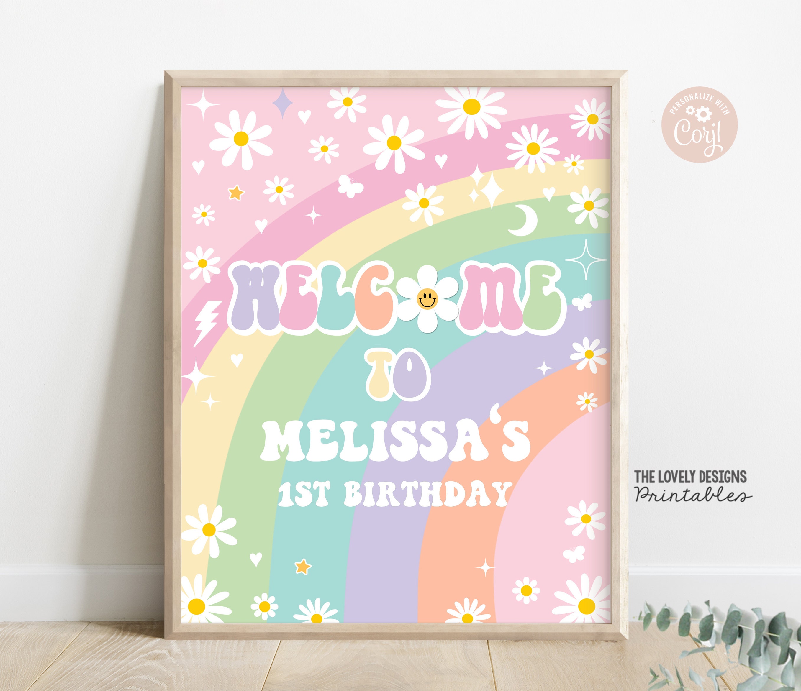 EDITABLE Daisy Groovy Welcome Sign Groovy Birthday Rainbow Pink Purple ...