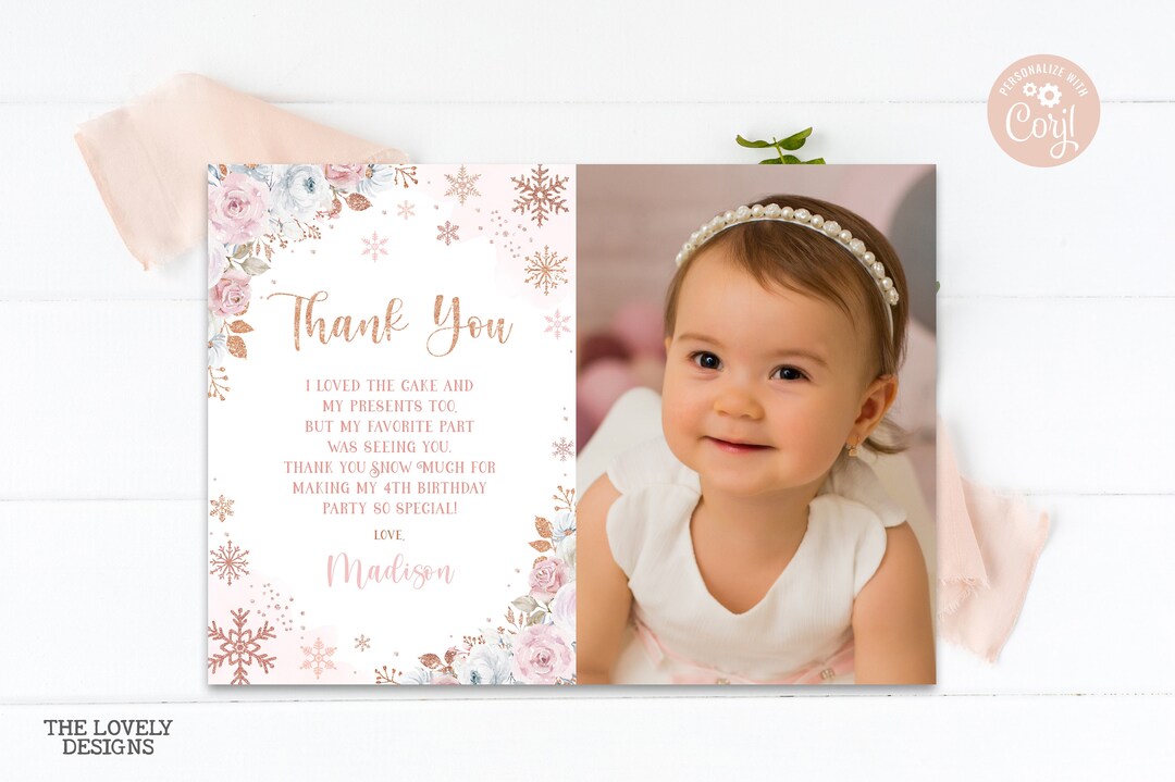 EDITABLE Winter Thank You Card With Photo Winter Birthday Rose Gold ...