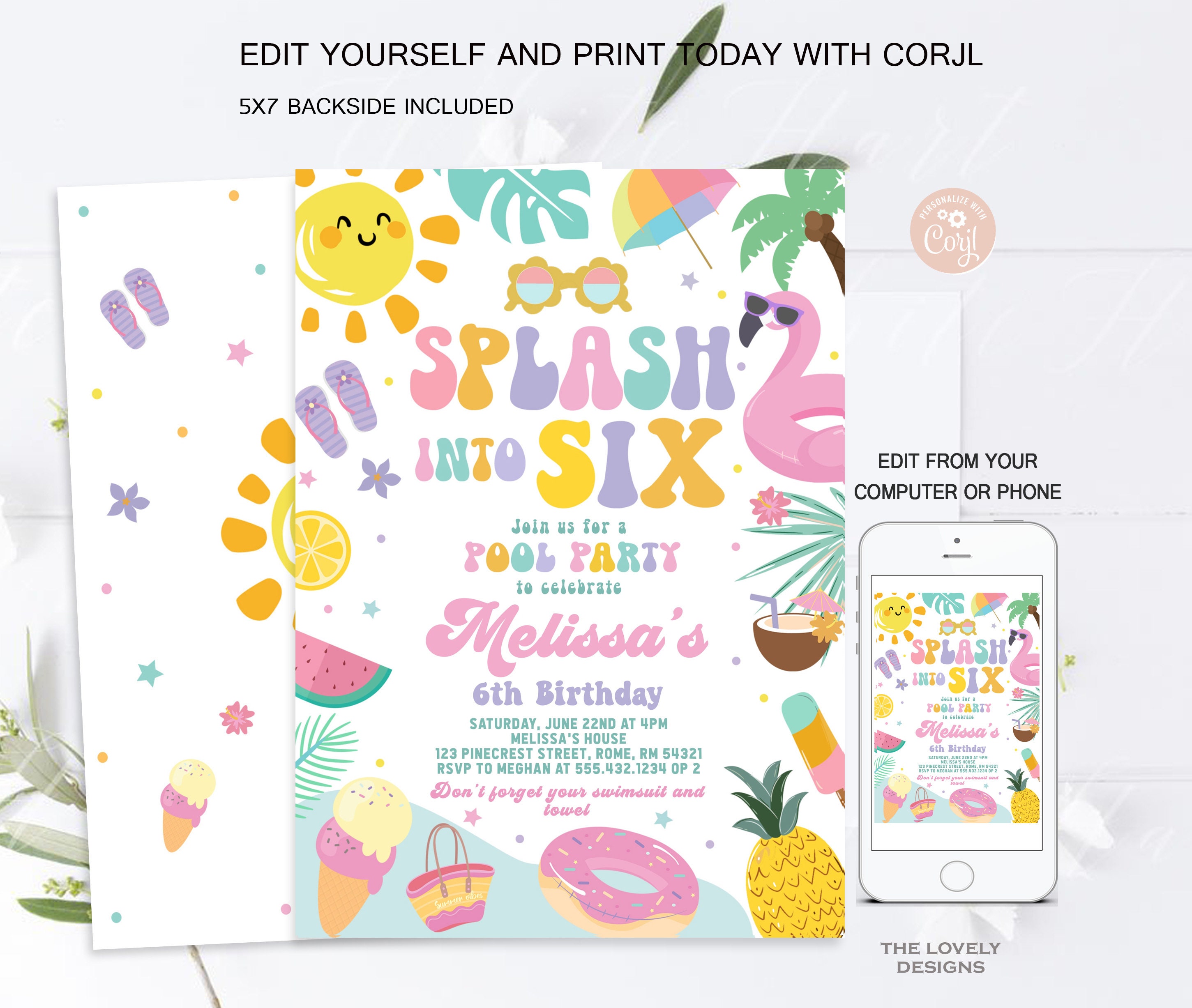 Editable Splash Into Six 6th Birthday Pool Party Invitation Splish ...