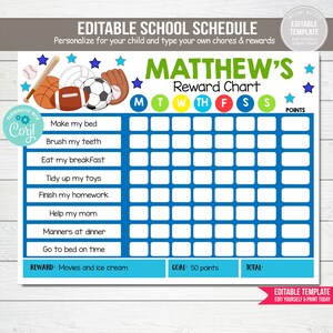 Editable Sports Reward Chart Soccer Baseball Sport Reward for Kids ...