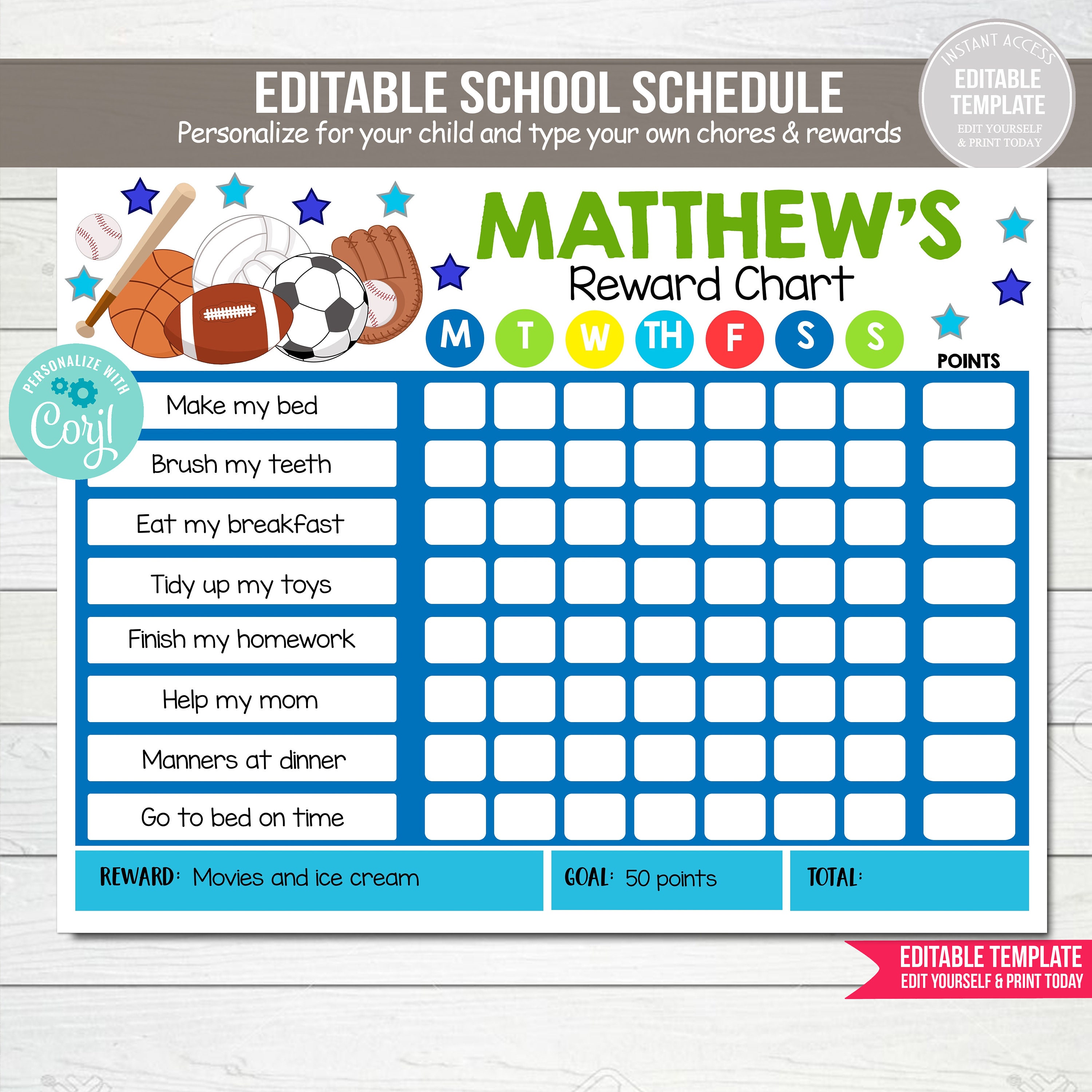 Editable Sports Reward Chart Soccer Baseball Sport Reward for Kids ...