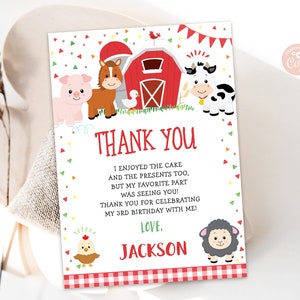 Editable Farm Thank You Card Farm Birthday Party Farm Red Animals ...
