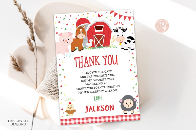 Editable Farm Thank You Card Farm Birthday Party Farm Red Animals ...