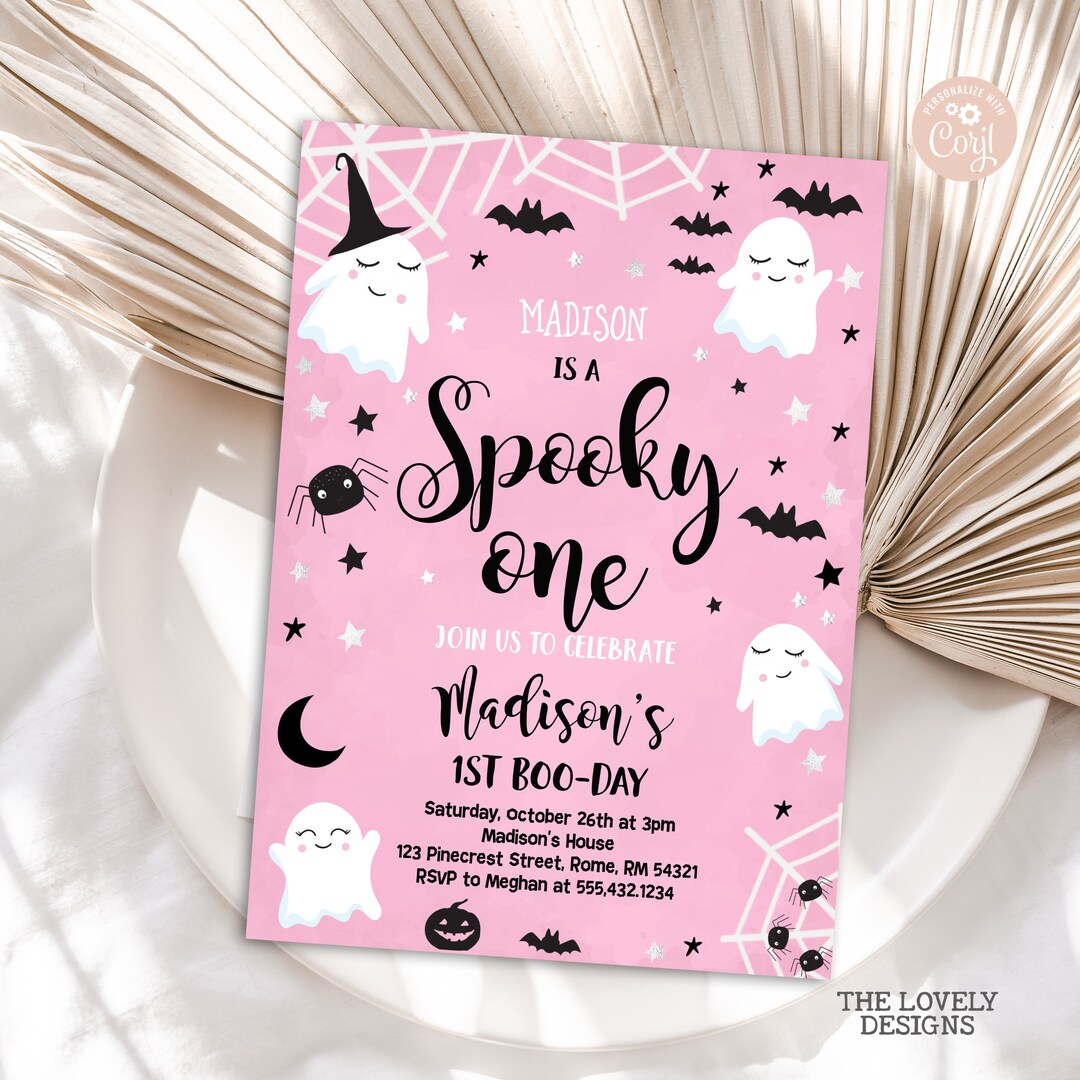 EDITABLE Spooky One Halloween Pink Ghost Birthday Invitation Spooky ...