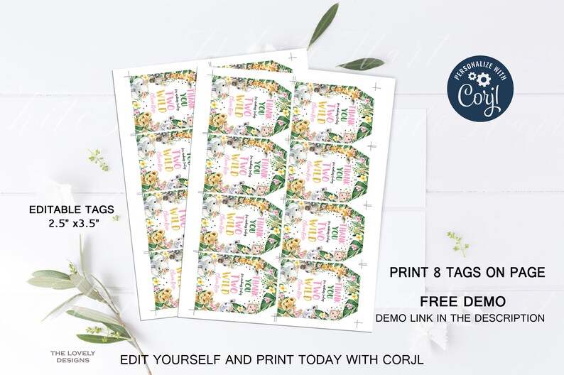 EDITABLE Two Wild Jungle Favor Tag Birthday Jungle Girl | Etsy