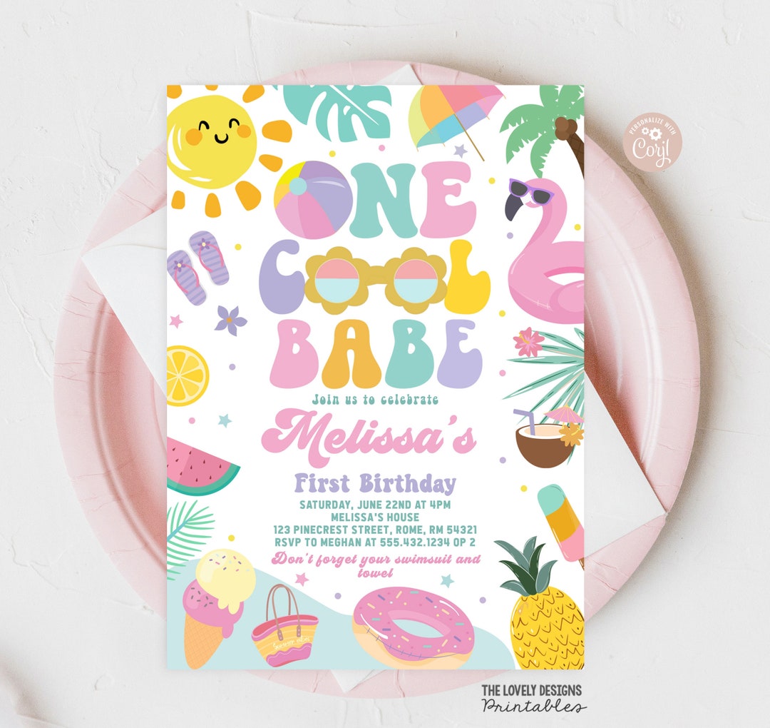 Editable One Cool Babe Pool Party 1st Birthday Invitation Splish Splash ...